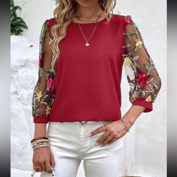 Tops | Red Floral Mesh Sleeve Blouse | Poshmark